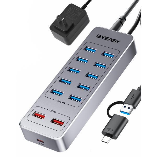 商品名: BYEASY 電源USBハブ 13ポート USB 3.0データハブ USB 3.0ポート10個 USB A充電ポート2個 USB C充電ポート1個 USBスプリッター電源 12V3Aアダプター付き ノートパソコン、タブレット、US...