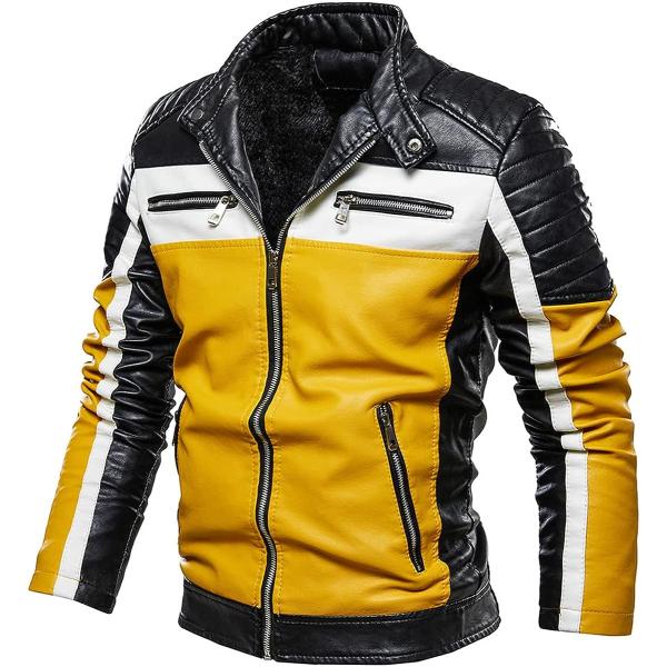 商品名Men Black &amp; Yellow PU Motorcycle Jacket with Quilted Shoulders-Caf  Racer Zip-Up Slim Fit Faux Leather Jacket for...