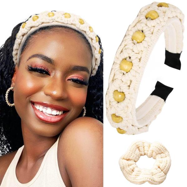 商品名:  Sinalty Boho Wide Headbands White Non Slip Hairbands Beaded Handmade Hair bands with Hair Ties Summer Hair Hoop fo...
