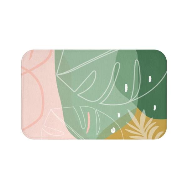 商品名:  Boho Monstera Leaves Bath Mat Botanical Bath Rug Abstract Pink and Green Bath Mat Unique Bathroom Decor Farmhouse ...