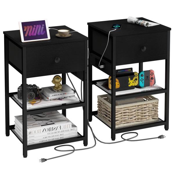 商品名: LTTDOUK ナイトスタンド 2個セット 充電ステーション付き ベッドサイドテーブル 布製木製引き出し付き スリムエンドテーブル 狭いスペース用 ブラックサイドテーブル USBポートとコンセント付き 寝室 リビングルーム用 LT...