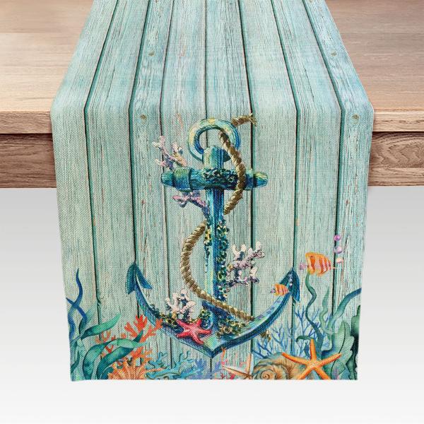 商品名:  Nautical Table Runner, Coastal Anchor and Coral Reef Table Runners for Dining Room, Kitchen, Living Room, Holiday ...
