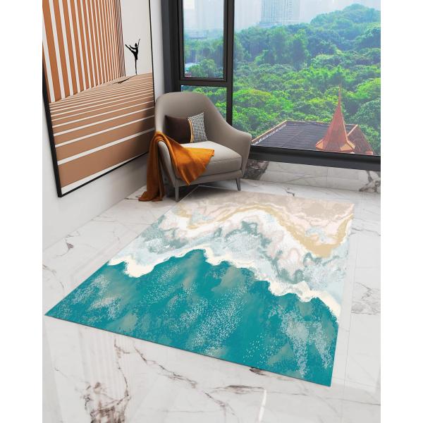 商品名:  Indoor Area Rug 5 ft x 8 ft, Beach Coastal Non-Slip Runner Rug for Kids Room, Boho Sea Waves Teal Beige Ombre Abst...