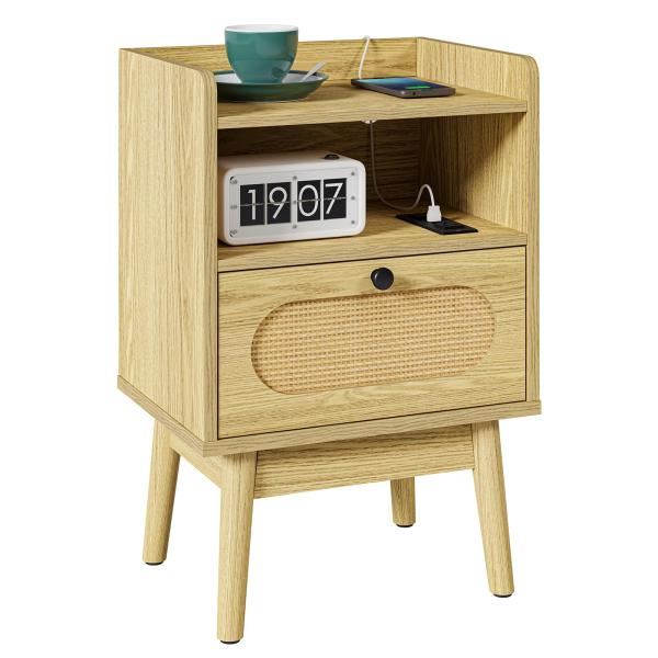 商品名:  Lomojo Rattan Nightstand Set of 2, Bedside Table with Charging Station, Modern Night Stand,Wood Boho Side Table,Mi...
