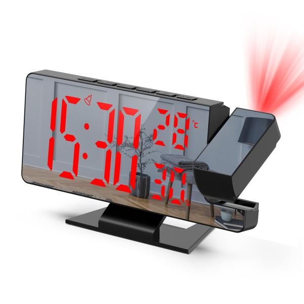 商品名: JXTZ プロジェクション目覚まし時計 天井壁に投影 7.8インチ LEDミラー デジタル時計 4段階の明るさ/温度/湿度調整可能 スヌーズ 寝室 自宅 オフィス用 レッド JXTZ Projection Alarm Clock,...