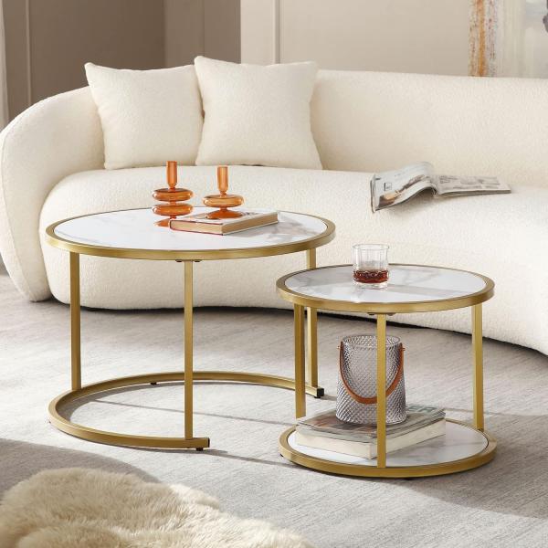 商品名FONEBALLY Round Coffee Table for Living Room, Marble Nesting Table Set of 2 with Marble Wooden Top and Metal Frame - ...