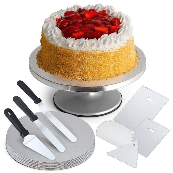 商品名: ケーキターンテーブル 12インチ 回転ケーキスタンド デコレーションキット ケーキボード付き アルミ合金回転デコレーションスタンド アイシングスパチュラ2個とケーキカッター デコレーションコーム4個付き 究極のベーカーギフト Ko...