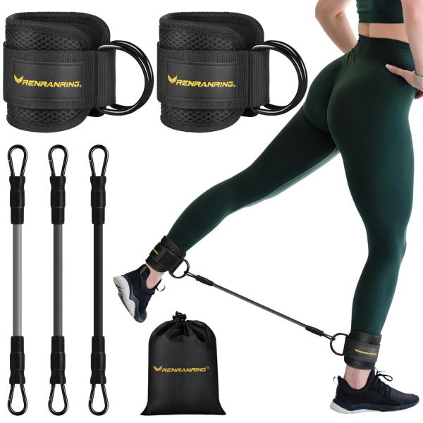 商品名: RENRANRING 足首抵抗バンド カフ付き 臀筋ワークアウト器具 アンクルバンド ワークアウト用 お尻エクササイズ器具 女性の脚と臀部用 (ブラック) RENRANRING Ankle Resistance Bands wit...