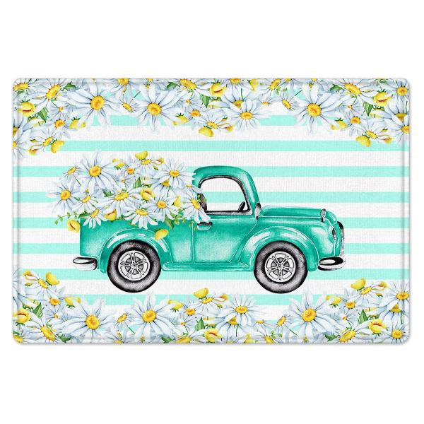 商品名:  Rustic Truck Floral Daisy Flower Green White Stripe Fresh Farmhouse Style Bath Mats Non-Slip Absorbent Microfiber ...
