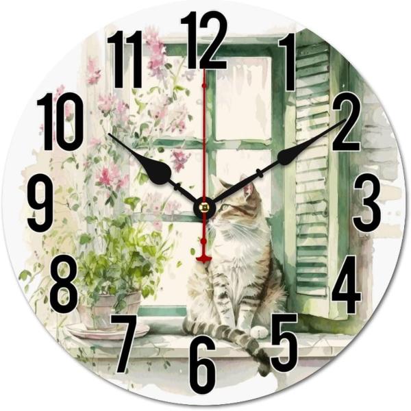 商品名Gokays Wall Clock Cat on The Window Watercolor Painting Decorative Clocks 16 Inch Round Wood Clocks Lightweight Clock...