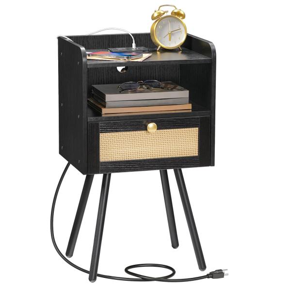 商品名:  HOOBRO Nightstand with Charging Station, Modern End Table, Flip-Down Drawer and Open Compartment, Rattan Ventilati...