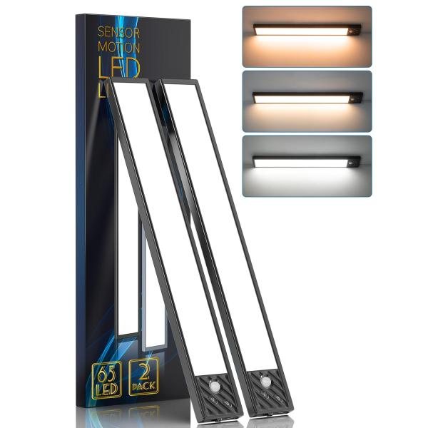 商品名:  2023 Newest 65 LED Motion Sensor Lights Indoor 3 Color Temps, 2 Packs Dimmable Under Cabinet Lighting, 2500mAh Rec...