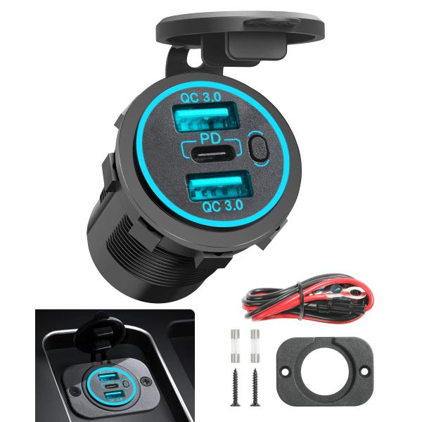 商品名: ESEWALAS 車用充電器ソケット 12V USB電源コンセント スイッチ付き 防水 車のUSBポート付き PD 20W USB-C デュアルQC3.0ポート 高速充電 USB充電器ソケット DIYキット 車 ボート バス トラ...