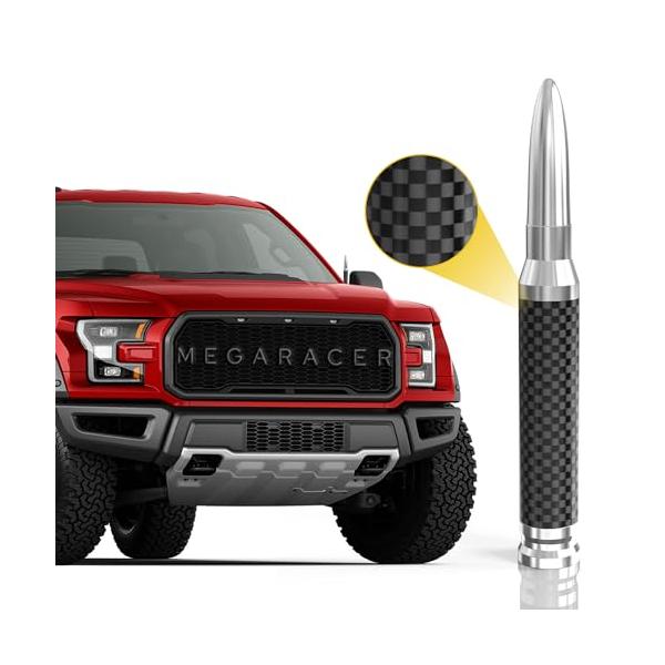 商品名: Mega Racer 100%本物のカーボンファイバーシルバーアンテナ トラック 車 SUV用 - 5.5インチ ユニバーサルフィット 6061ソリッドアルミニウム 盗難防止設計 洗車対応 自動車用アンテナ交換 1個パック Meg...