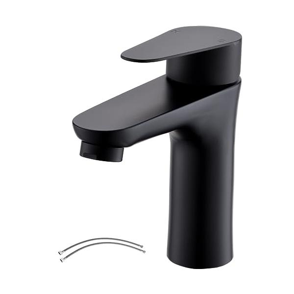 商品名: KMBF008B ブラックバスルーム蛇口 シングルハンドル バスルームシンク蛇口 商用バスルーム蛇口 1穴デッキマウント RVミキサータップ 洗面所バニティシンク蛇口 供給ライン付き Black Bathroom Faucet,S...