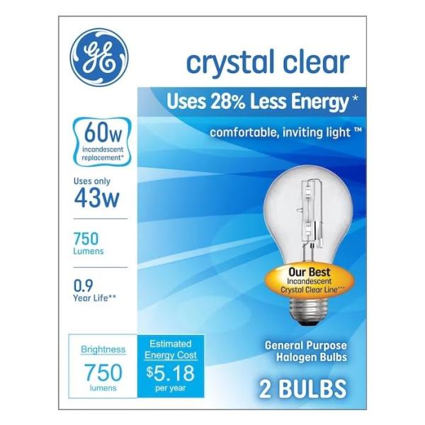 商品名:  GE Crystal Clear 60W 750 Lumens Energy Efficient General Purpose Halogen Bulbs (2 Bulb Packs) - 24 Pack (48 Bulbs)...