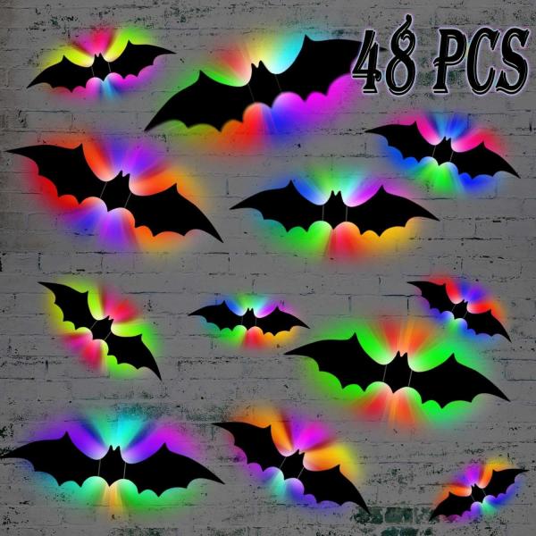 商品名:  48 Pcs Large Flashing Bright Halloween Bats Wall Decorations,3D PVC LED Bats Wall Stickers, Removable Scary Bats H...