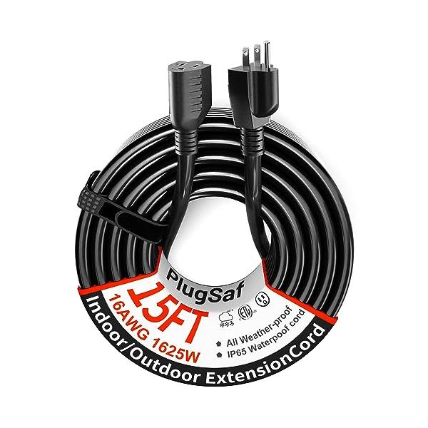 商品名:  Black Outdoor Extension Cord 15 ft 16/3 Gauge Waterproof, Cold Weatherproof -58°F, Flame Retardant, Flexible 3 Pro...