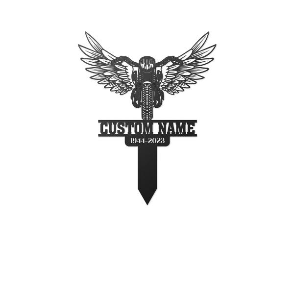 商品名:  Customized US Biker Memorial Grave Marker, Motorcycle with Wings Metal Grave Stake, Dad Rider Sympathy Grave Marke...