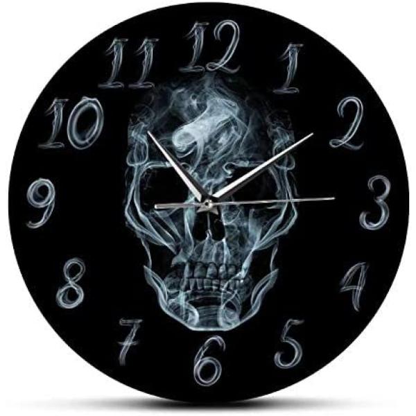 商品名:  Smoke Smoking Kills On Skull Face Wall Clock Black Skeleton Fire Personality Home Decor Silent Movement Hanging Cl...