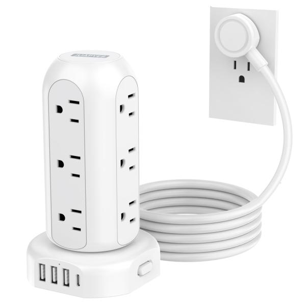 商品名:  Flat Plug Power Strip Surge Protector Tower with 12 Outlets and 4 USB Ports(1 USB C PD 20W) 6.5FT (13A) Travel Pow...