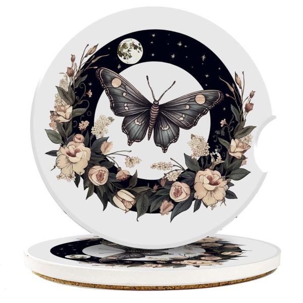 商品名: Neidius カーコースター カップホルダー用 蛾と花の月 セラミック製カーカップコースター 滑り止め コルクベース カーコースター 2枚 自動車アクセサリー レディース メンズ 2.56インチ Neidius Moth and...