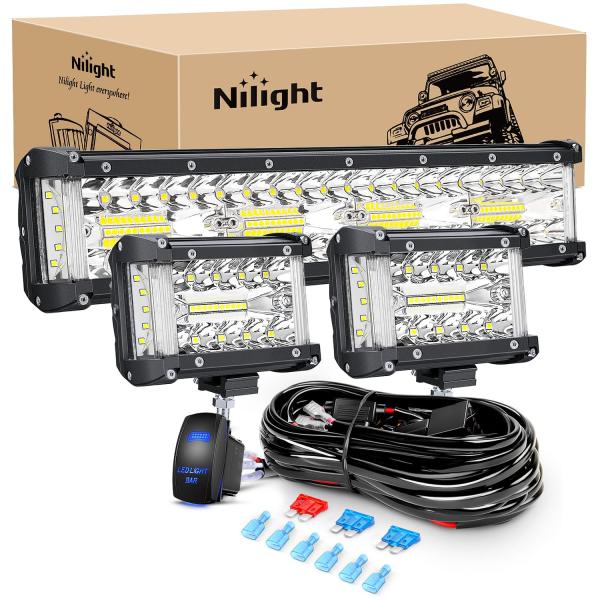 商品名:  Nilight Side Shooter LED Light Bar Set 12 Inch Triple Row Spot Flood Combo Lights 2PCS 4.3Inch Pods with 5Pin Rock...