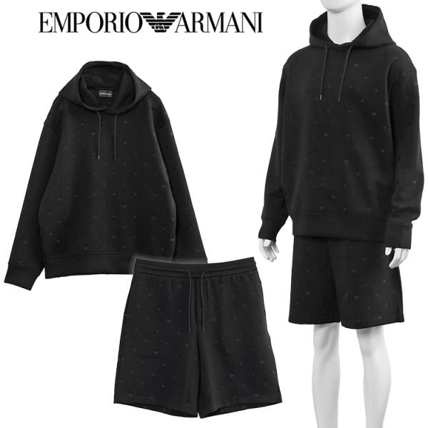 【エンポリオアルマーニ EMPORIO ARMANI】セットアップ パーカー ハーフパンツ マイクロイーグル総刺繍心地よいダブルジャージーで仕立て、ドローストリングとフードを施したスウェットシャツとウエストにストレッチを効かせた、ドロースト...