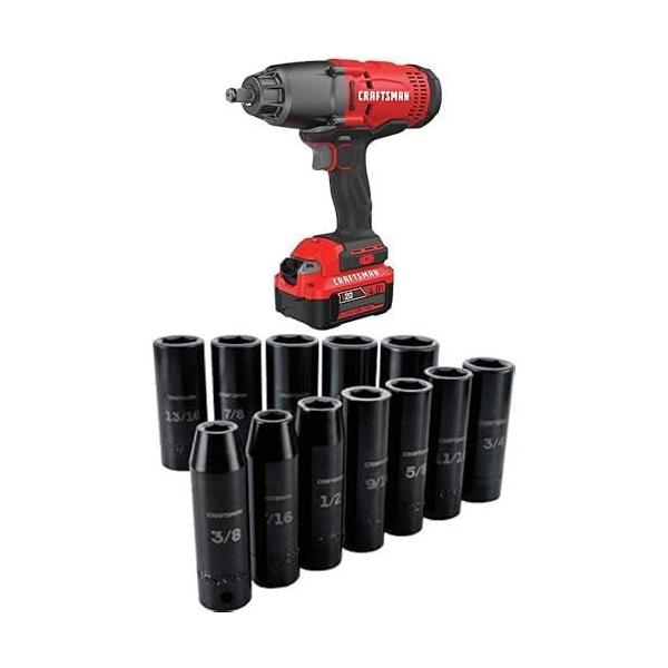 【商品名】 CRAFTSMAN V20 RP 1/2インチ コードレス インパクトレンチキット、ブラシレス、4Ahバッテリーおよび充電器付属 (CMCF900M1) + ディープインパクトソケットセット、SAE、1/2インチドライブ、6ポイ...