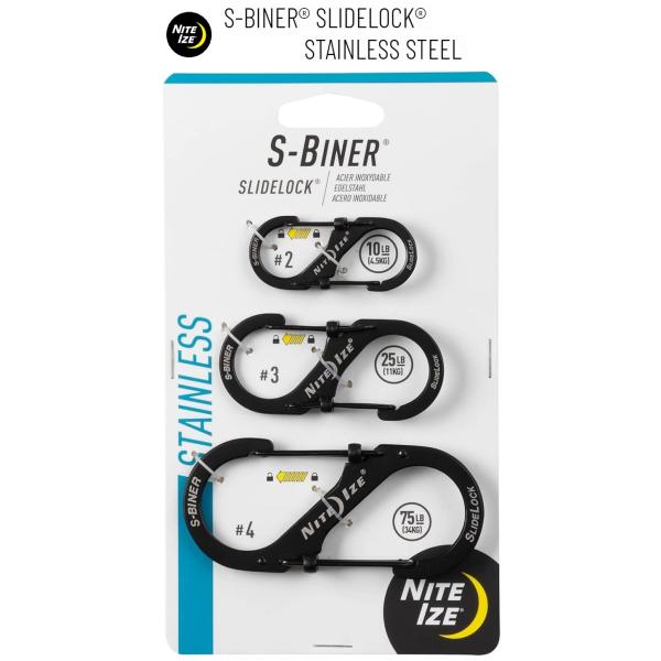 S-BINER SlideLock Assorted 3個セット LSBC-01-R6#2 #3 #4 各1個S字型のステンレス・アクセサリーカラビナ。エスビナーステンレスに開閉ロックが付いたタイプ。チップをスライドする事でロックされ、不注...