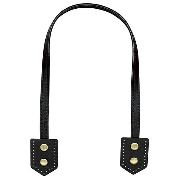 カシメの飾りがついた持ち手です。・合成皮革持ち手 手さげタイプ・全長:約45cm・幅:約1〜3.2cm・2本組※ミシンではなく、縫い穴に沿って手縫いで縫いつけてください。※メール便可