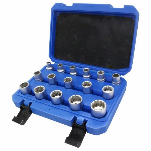 スプラインソケットセット 16個スプラインソケットとは、トルクス、4角、6角、12角、インチサイズなどの合計8種類に対応することができる万能ソケットのことを言います。形状は独特ですがボルトへのフィット感は良く、面接触でトルクをしっかり伝達で...