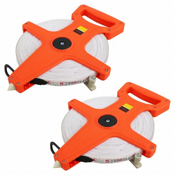 ★100M巻 テープメジャー　2個セット★point 1：下部の円錐のパーツ部分が軸となり、ブレなく正確に計測できます。point 2：ハンドルは回しやすい形状で、収納時はコンパクトに折りたたみ可能です。point 3：表はフィート、裏面は...