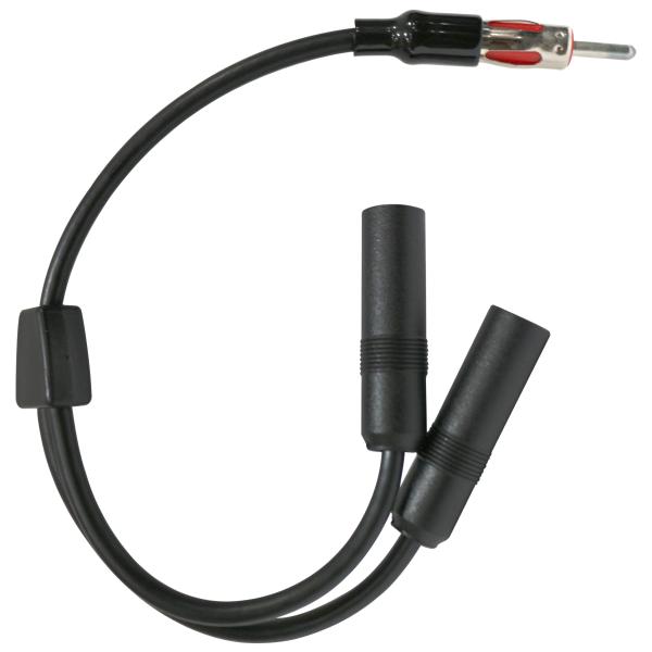 このアンテナ分配ケーブルは終端の端子をカセット・CD・MD等の入力端子に差込みます。反対側の差込口にそれぞれアンテナを接続します。デュアルアンテナ・ダイバー受信方式等、アンテナを振り分けます。２in１で受信可能なケーブルです。入力・出力が可...