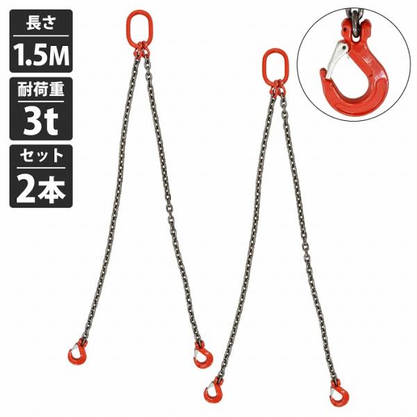 玉掛け・運搬吊り・荷役吊りなどに最適な２本吊りのチェーンストリングです。開口寸法も広く、玉掛作業が楽に行えます。輸送、土木工事、建築工事、吊り上げ作業など様々な場面で大活躍します。数量：２本セットタイプ：２本吊り最大使用荷重（約）：3t★吊...
