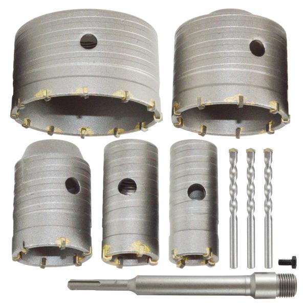 ★30mm〜100mmの5種類のドリルビットのセット【セット内容】コアドリル本体（5種類）、シャンク、センタードリル、ナット【穴幅】約30mm 約35mm 約50mm 約75mm 約100mm