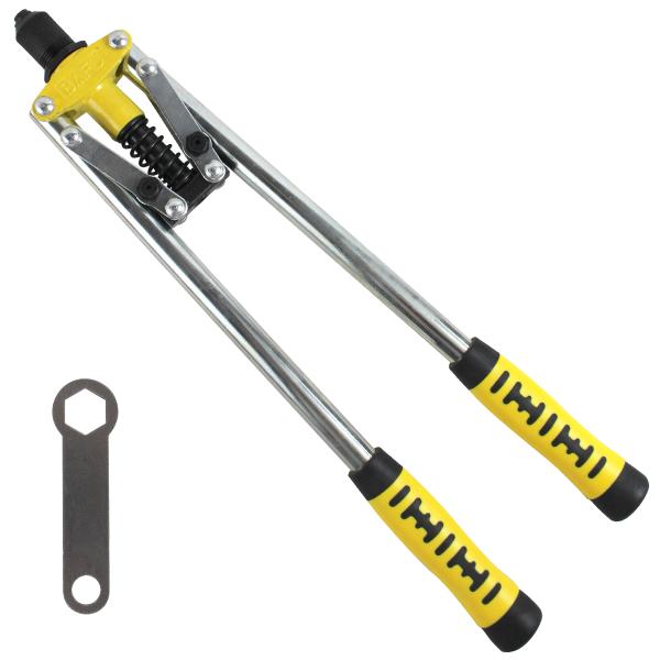 ・ハンドリベッター■サイズ全長：約41cm×約11cm×約6.5cm□使用可能リベット径：3.2mm、4.0mm、4.8mmハンドル部分：約12.2cm付属レンチ：約7cm/約1.2cm/約0.8cm