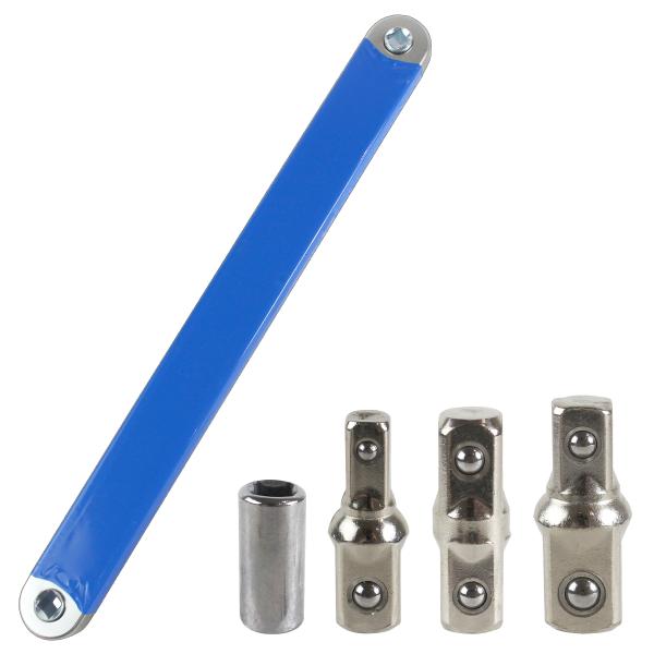 ・オフセット延長レンチ（アダプター付き）【サイズ】全長：約390mm【セット内容】・オフセット延長レンチ・サイズ変換アダプター1/2（12.5mm）、3/8（10mm）、1/4（6.35mm）（各1点）・六角ハンドルアダプター※最大使用トル...