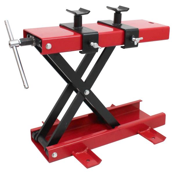 ・バイクジャッキ【セット内容】本体アダプター ×2ハンドルバー【仕様】カラー：レッド耐荷重：約500kg最高位：約41cm最小位：約10cm■サイズ※画像参照※素人採寸のため、多少の誤差はご了承ください。※車種やバイクの仕様により使用できな...