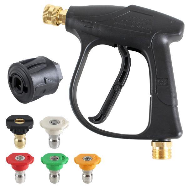 ケルヒャーの高圧洗浄機に対応可能な、ショートガン、クイックコネクト、ノズルのセットです。付属のクイックコネクトにより高圧ホースとワンタッチで接続可能です。洗車や屋根、窓、排水溝洗浄など、手の届きにくい場所を清掃するのに最適です。■5種類のス...