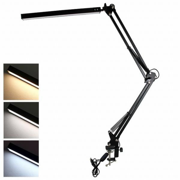 明るさや光の色を簡単に切り替え可能なLEDデスクライトです。机の天板に挟んで固定するタイプなので、台座が不要で作業スペースを有効活用できます。■色温度3段階／10段階調光可能操作が簡単なスイッチで3段階色温度を変更でき、更に＋−ボタンで10...