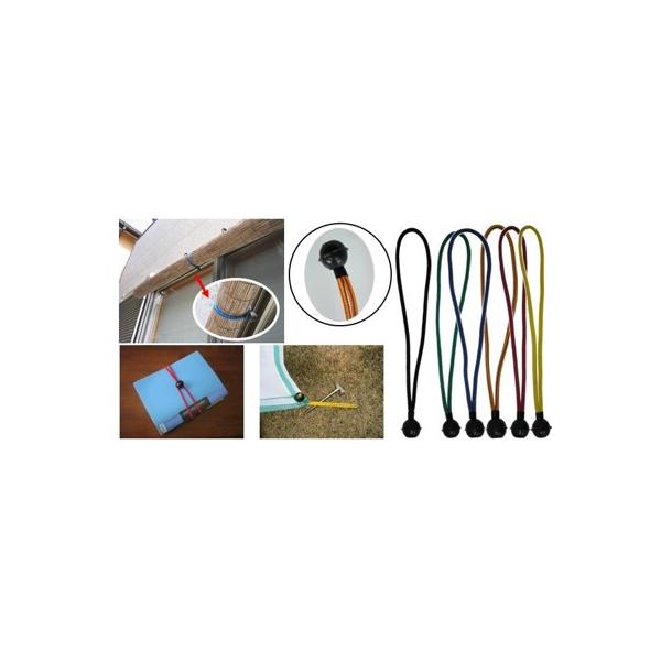 ●ボール型の留め金具付きの丸ゴムロープ。　●ロール状の物を束ねるのに非常に便利。●シートのハト目に引っ掛ければ簡単にシート張りが可能。