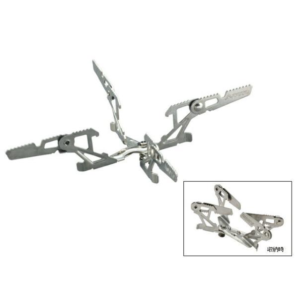 ■概要17cmまでのコッヘルに対応する大型4本ゴトク。調理を重視した使い方やグループでの使用に！■仕様●寸法幅47×奥行77×高さ44mm（収納時）●重量27g●材質ステンレス■備考※本製品は※マイクロレギュレーターストーブ ウインドマスタ...