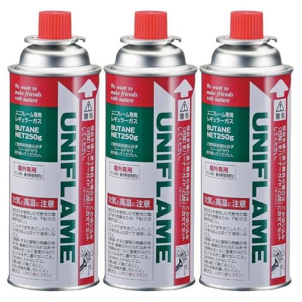 「専用」という安心感のあるガス■ 特長・UNIFLAMEのガス燃焼機器はすべて「カセットボンベ」を使用ボンベ内部のL型のパイプはボンベを縦や横に使った時でも液体を取りにくくして気体だけを取り込める様な形状になっています。・液体（生）ガスが出...