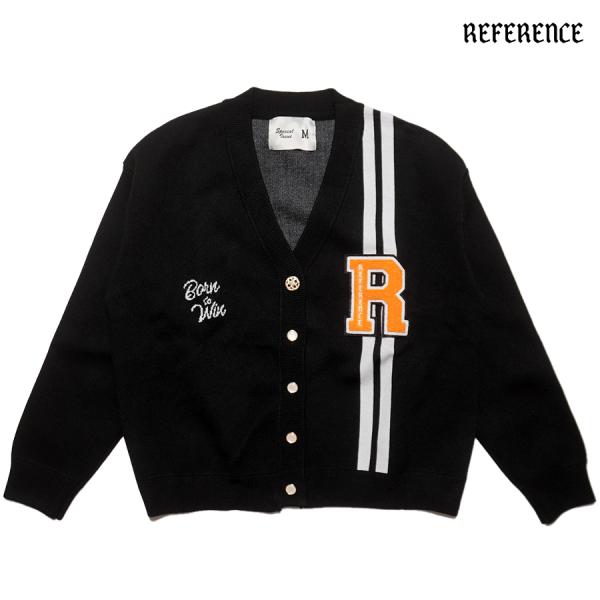 REFERENCEより限定コレクションのデザインニットカーディガンが入荷！ジャカード編みのボディに、ラインストーンをちりばめたトップボタン、フェイクパールボタン、REFERENCEの刺繍入りレターマンRシェニールパッチ、胸元にBorn to...