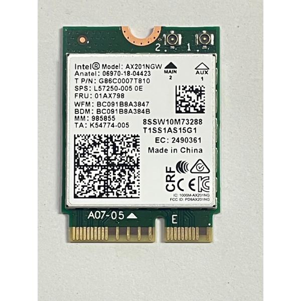 中古 アンテナ無し本体のみ Intel AX201NGW 無線LANモジュール M.2パッケージ、その他付属品はありません。・バンド2.4, 5 GHz (160MHz)・最高速2.4 Gbps・Wi-Fi 認定*Wi-Fi 6 (802....