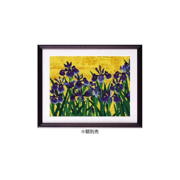 尾形光琳(おがたこうりん)筆18世紀前期。燕子花(かきつばた)図屏風から、およそ10年後に描かれたもの。燕子花の花が本来持つ可憐な美しさが際立つ六曲一双の屏風よりの部分。技法は、すべてクロスステッチを使用しています。技術レベルは、中級〜上級...