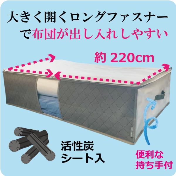 押し入れやクローゼットで崩れやすい敷布団をスッキリ収納！通気性抜群の厚手不織布（ふしょくふ）素材に活性炭シートを加工・中身が見えるクリア窓、移動しやすい持ち手（こだわり二重縫製）付きでとっても便利・季節の布団の入れ替えや整理、引っ越しなどに...