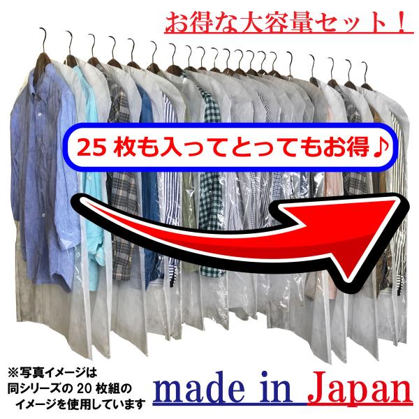 こだわりの日本製！たっぷり入ったお得な洋服カバー・大切な洋服をホコリや汚れからしっかりガード、２つの素材の特徴を生かした機能的で便利な洋服カバー・スーツサイズとロングサイズが入ってちょうど使いやすい25枚セットカバー前面はクリアタイプで中身...