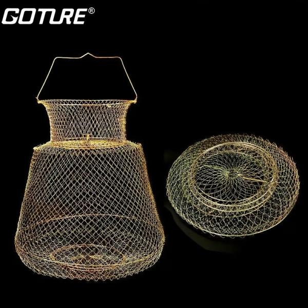 1個 Goture 折りたたみ式魚網ケージ - ポータブルメタル蟹バスケット、六角形デザイン、頑丈で軽量、釣り、家庭用、屋外用、魚用釣り網、頑丈な構造